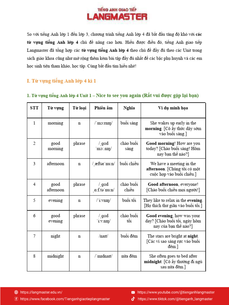 LANGMASTER - Từ Vựng Tiếng Anh Lớp 4 | PDF