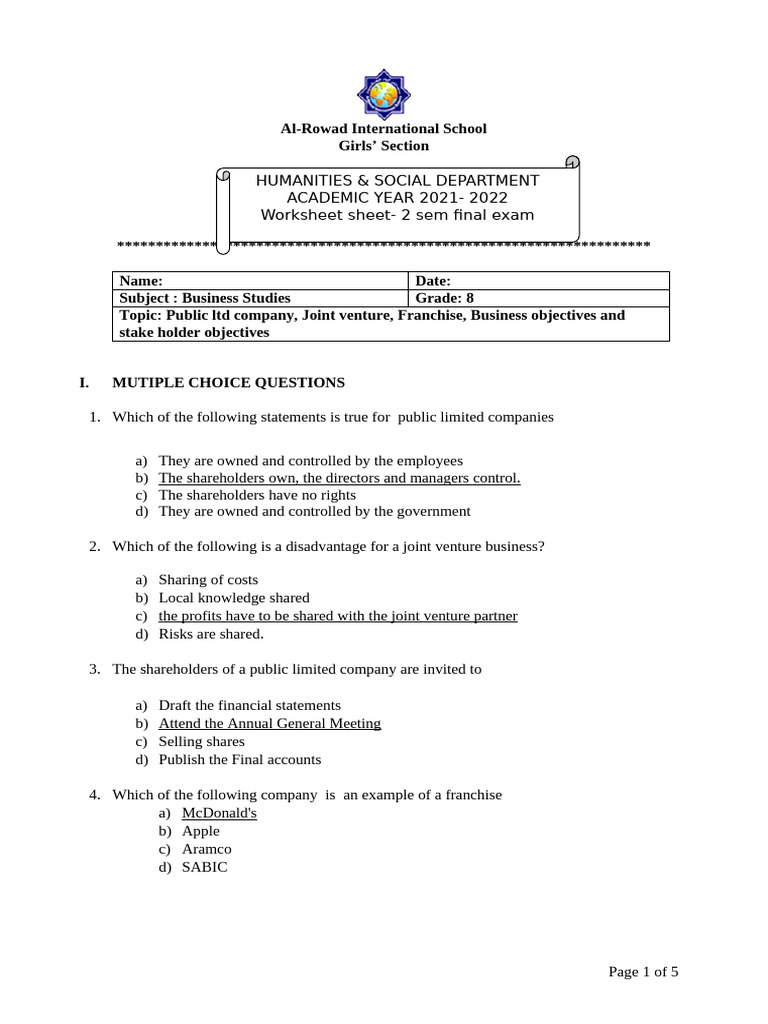8 Grade Work Sheet-Final Exam | PDF | Franchising | Economies