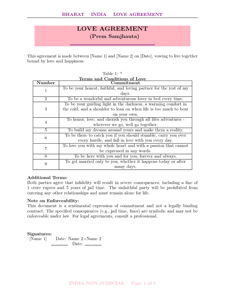 Love Agreement Document Template | PDF