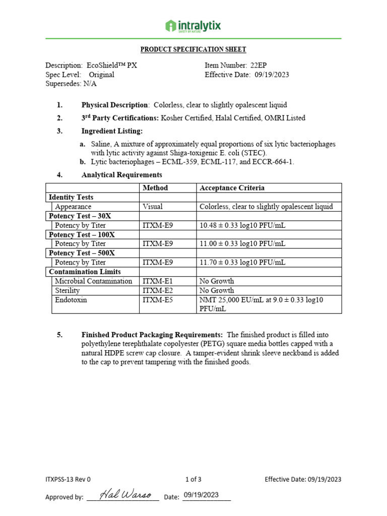ITXPSS-13 - 22EP EcoShield PX Finished Good Specification Rev 0 | PDF