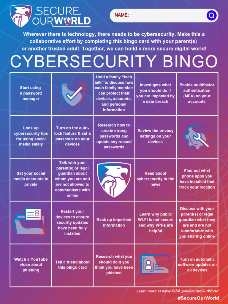 Secure Our World Cybersecurity Bingo Card Youth | PDF | Security | Computer Security