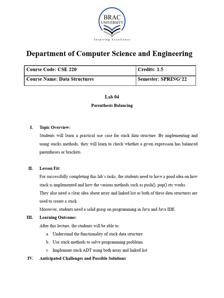 CSE220 Lab 4 - Stack (Parenthesis Balancing) | PDF | Bracket | Computer Science