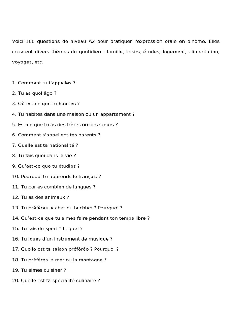 Questions A2 pour l'expression orale | PDF | Échecs