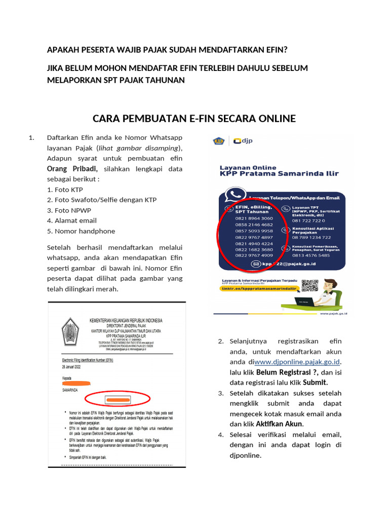 Tata Cara Daftar Efin Dan Lapor SPT Online | PDF