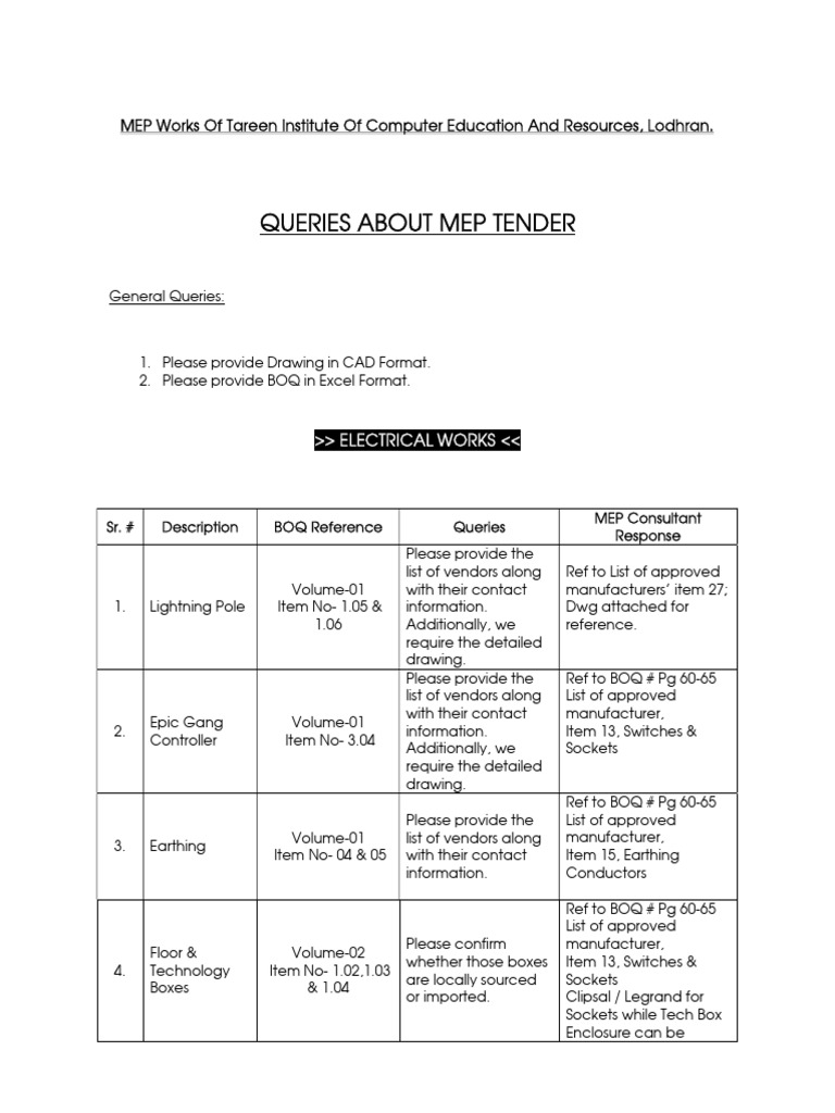 MEP Tender Queries for Tareen Institute | PDF