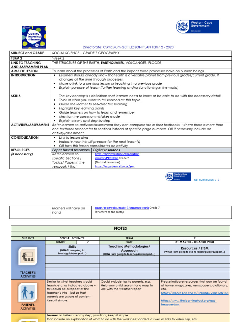Lesson Plan Grade 7 Social Sciences Geography Term 2 Week 2 | PDF ...