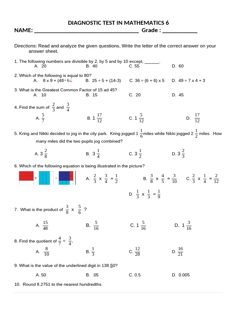 Diagnostic Test - Mathematics 6 | PDF | Ratio | Numbers
