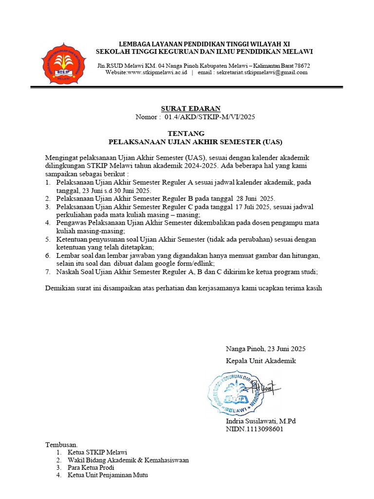 Jadwal Ujian Akhir Semester STKIP Melawi | PDF