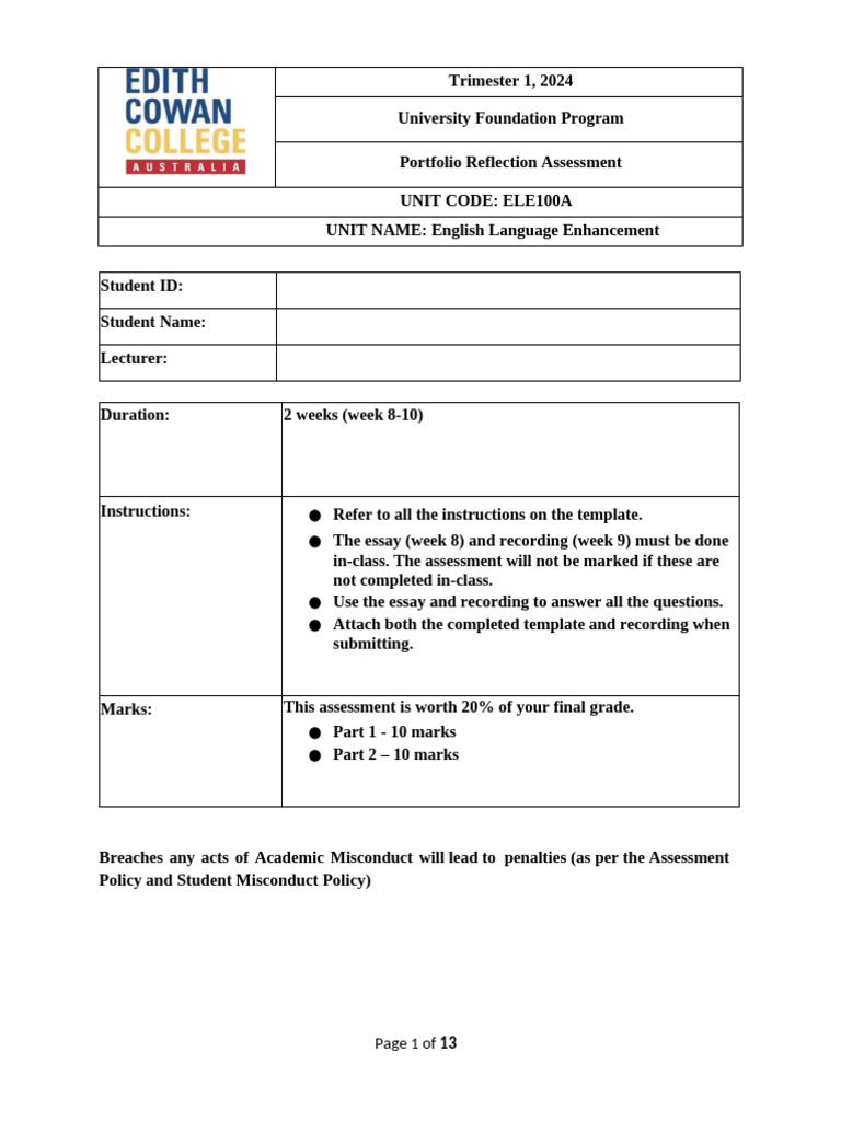 1, 2024 Portfolio Reflection Asessment Template | PDF | Learning ...