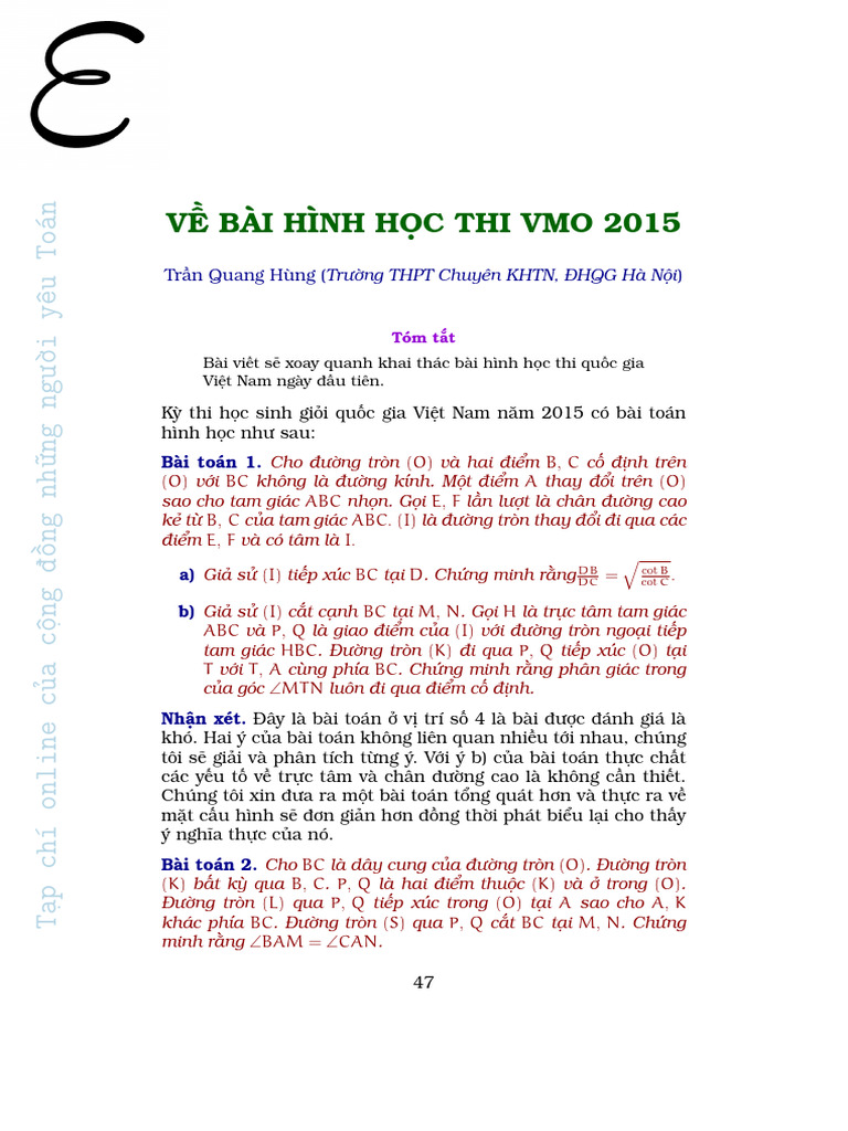 Bài Hình VMO 20 | PDF