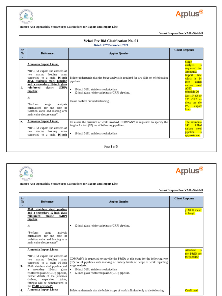 Client Response Pre-Bid Clarification No. 01 | PDF | Mechanical Engineering