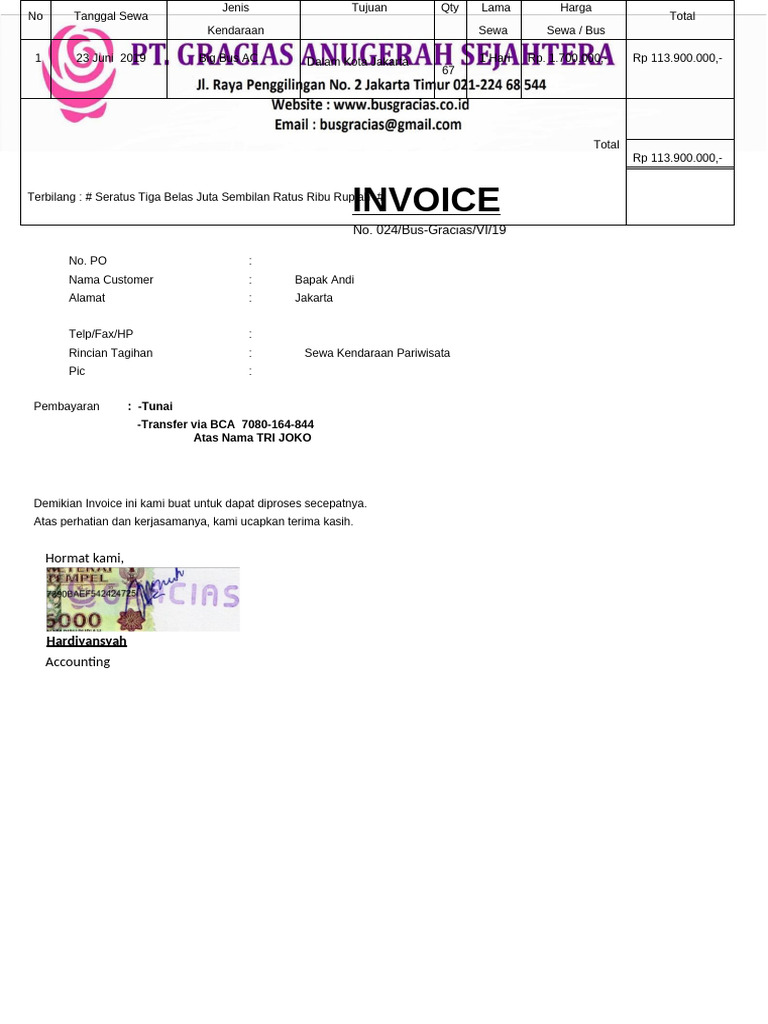 Invoice Sewa Bus Pariwisata 2019 | PDF