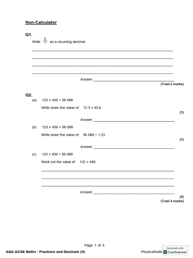 Fractions and Decimals (H) QP | PDF | Lexicology | Division (Mathematics)