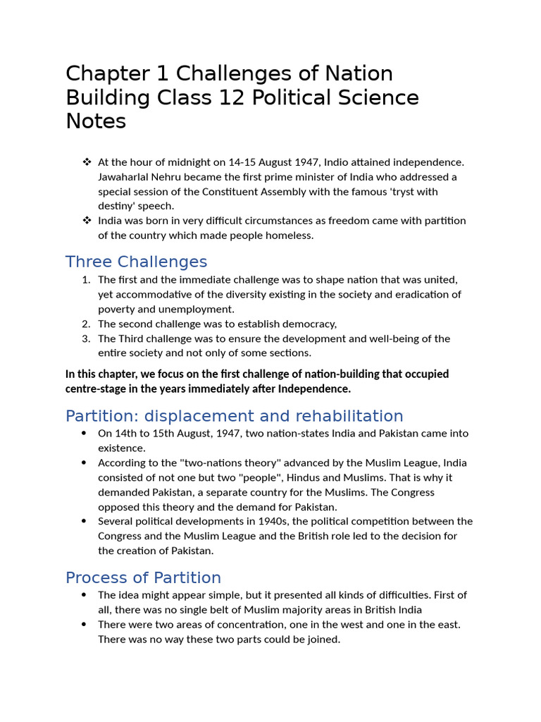 Challenges of Nation-Building in India | PDF | Partition Of India ...