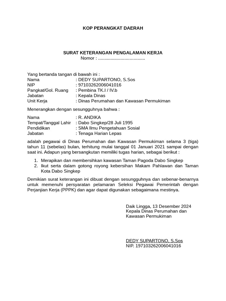 R. Andika - Keterangan Pengalaman Bekerja | PDF