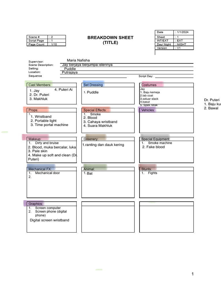Breakdown Sheet Art Dept - Docx 2 | PDF