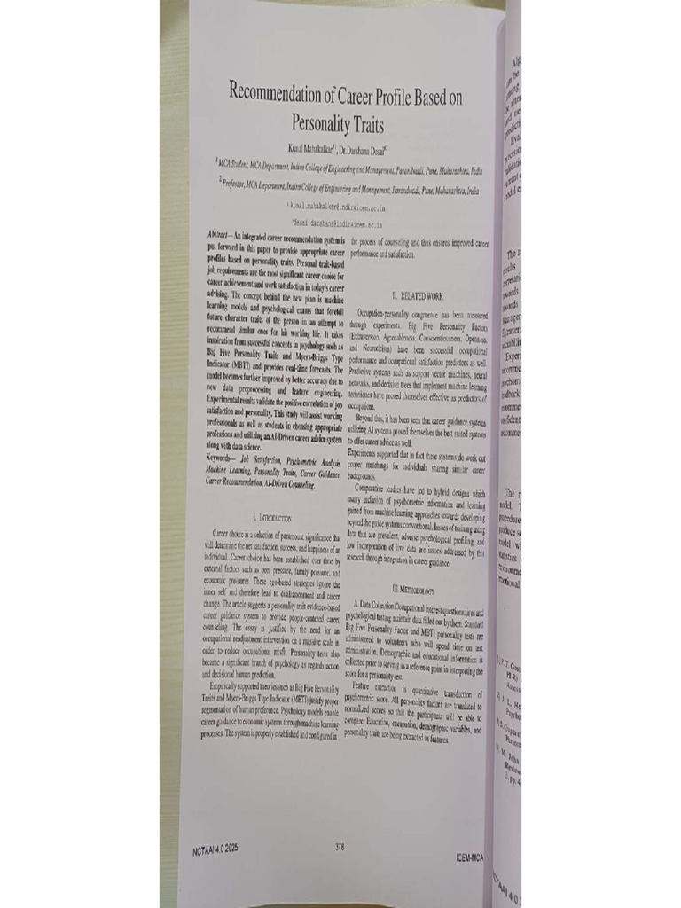 Recommendation of Career Profile Based On Personality Traits | PDF