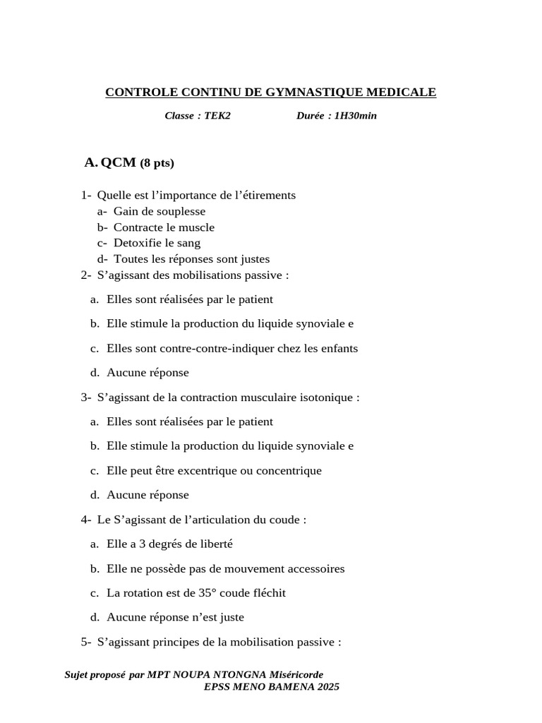 Contrôle Continu en Gymnastique Médicale | PDF