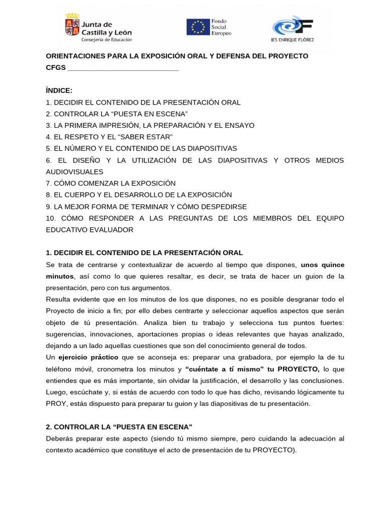 Orientacion Exposición Oral y Defensa Proyecto | PDF | Comunicación