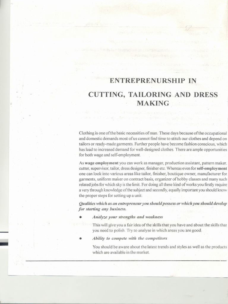 Chapter-22 Entreprenuship in Cutting Tailoring and Dress Making | PDF | Partnership | Marketing