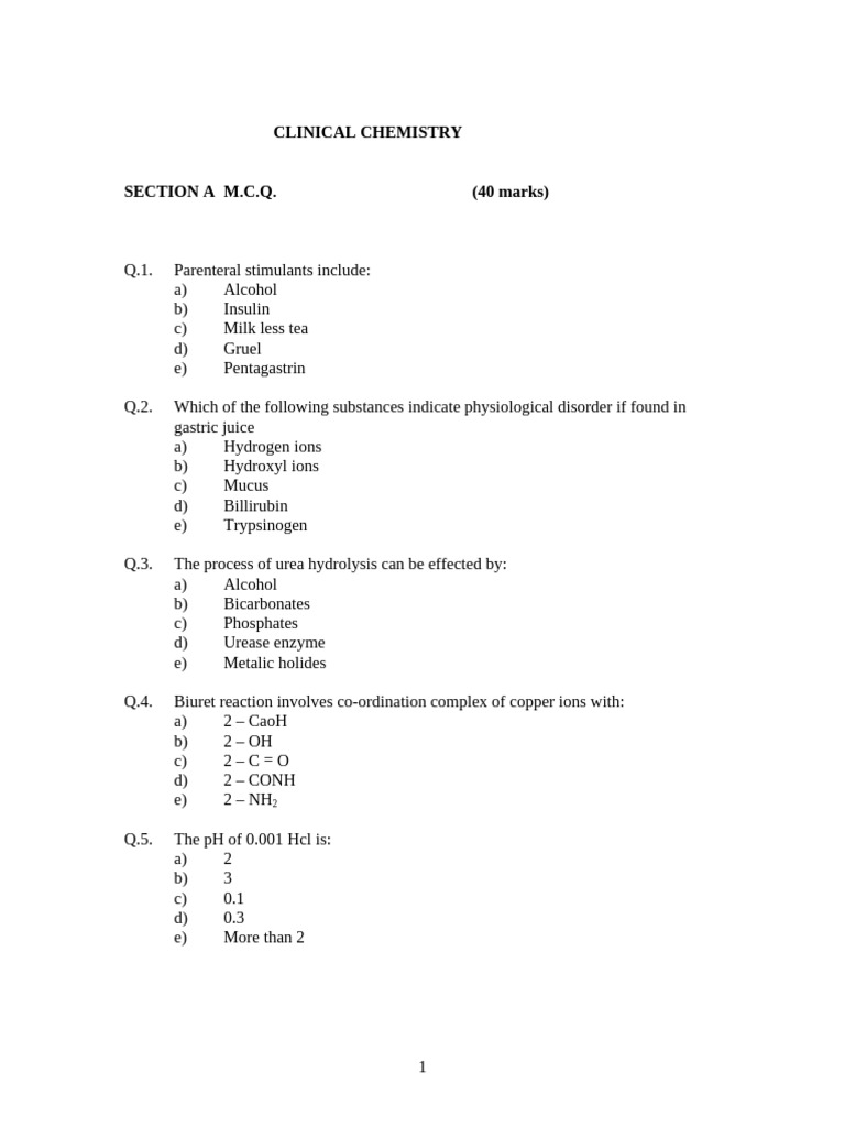Clinical Chemistry Exam Questions | PDF | Hydrolysis | Acid