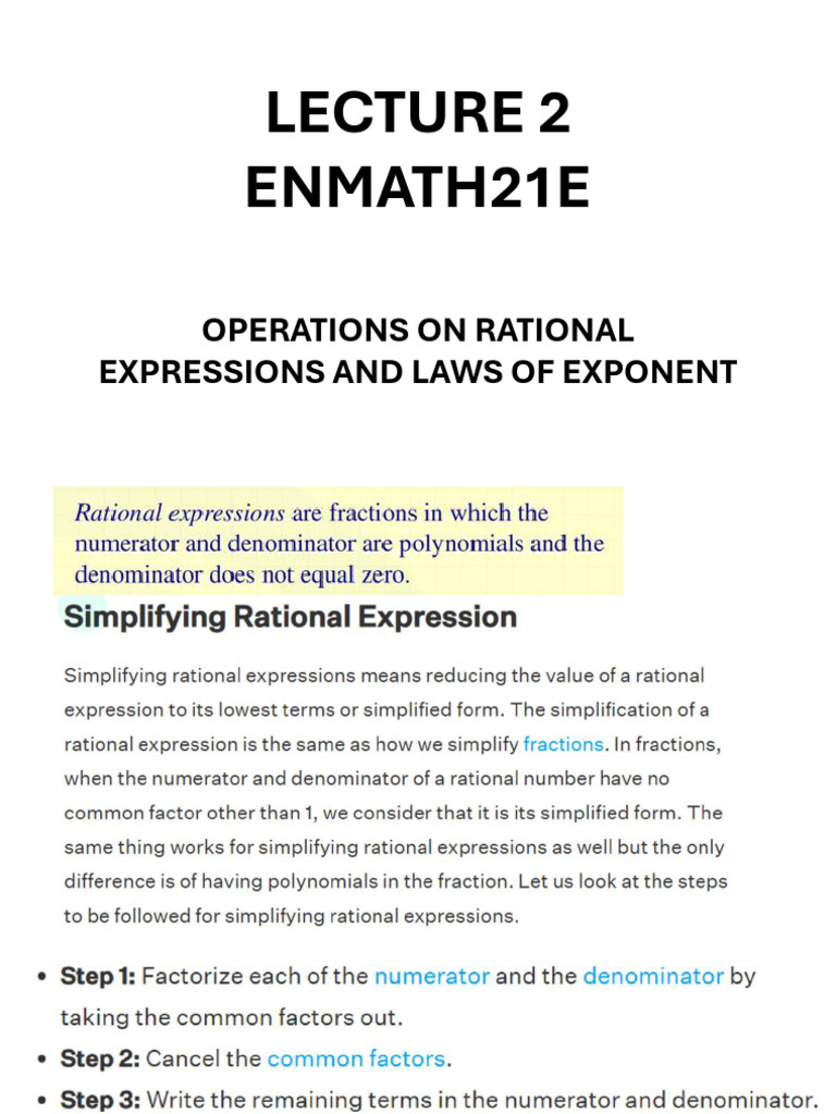 Lecture 2 - ENMATH21E - Rational Expressions and Laws of Exponents-3 | PDF