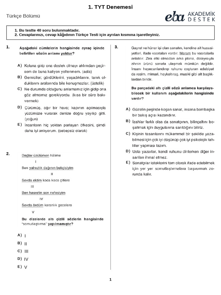 1 Tyt Denemesi | PDF