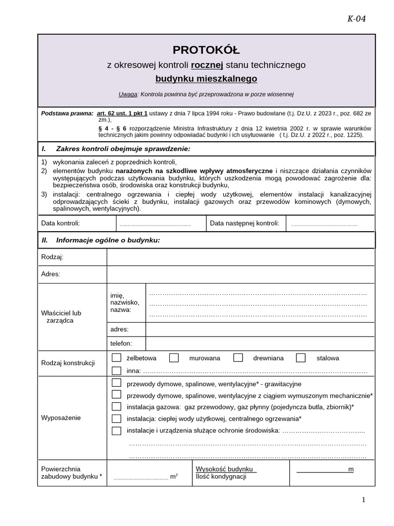 K-04 Wzor Protokolu Z Okresowej Rocznej Kontroli Budynku Mieszkalnego | PDF