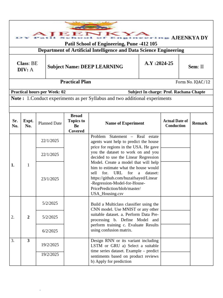 Deep Learning Practical Plan 2024-25 | PDF | Deep Learning | Artificial ...