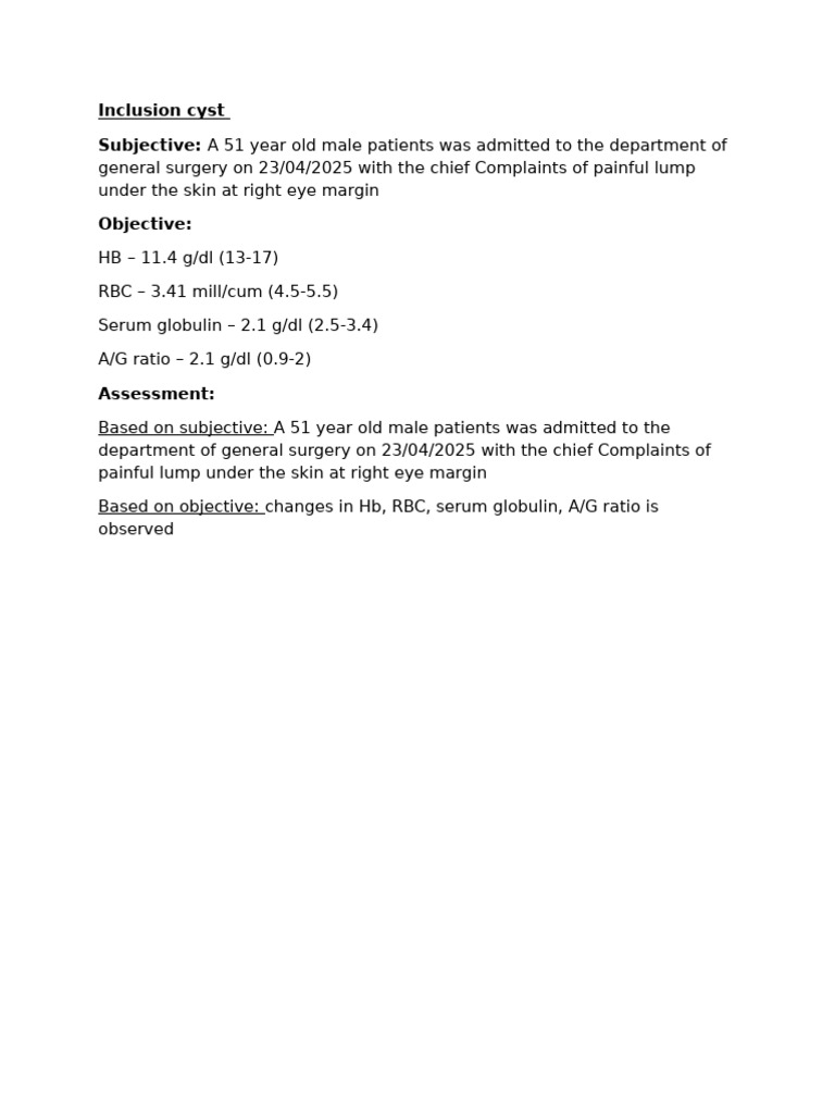 Inclusion Cyst: Case Study of a 51-Year-Old Male | PDF