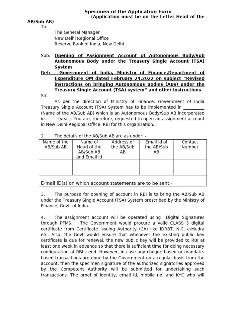 Account Opening Form-TSA | PDF | Reserve Bank Of India | Government