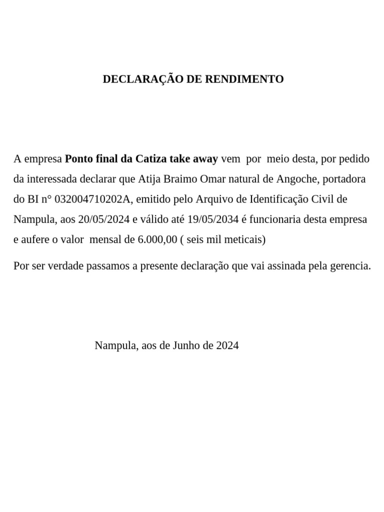 Declaraçao de Rendimento | PDF