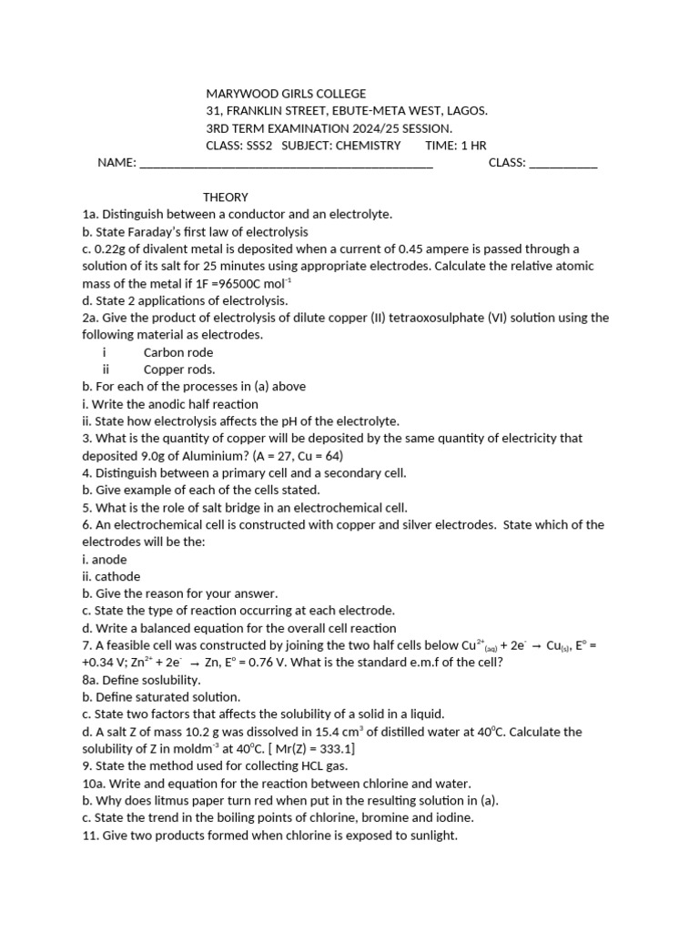 SS2 3RD Term Exam Theory 202425 | PDF | Chlorine | Electrochemistry