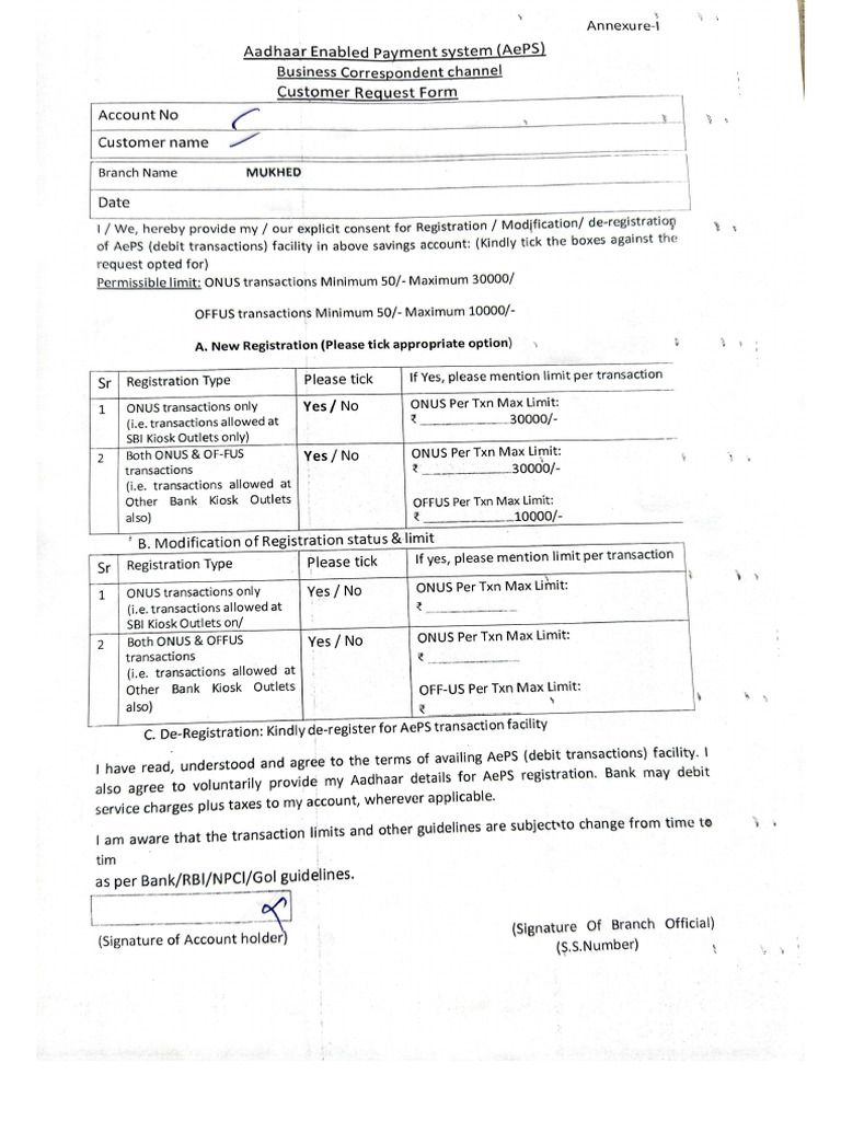 Sbi Aeps Form Pdf