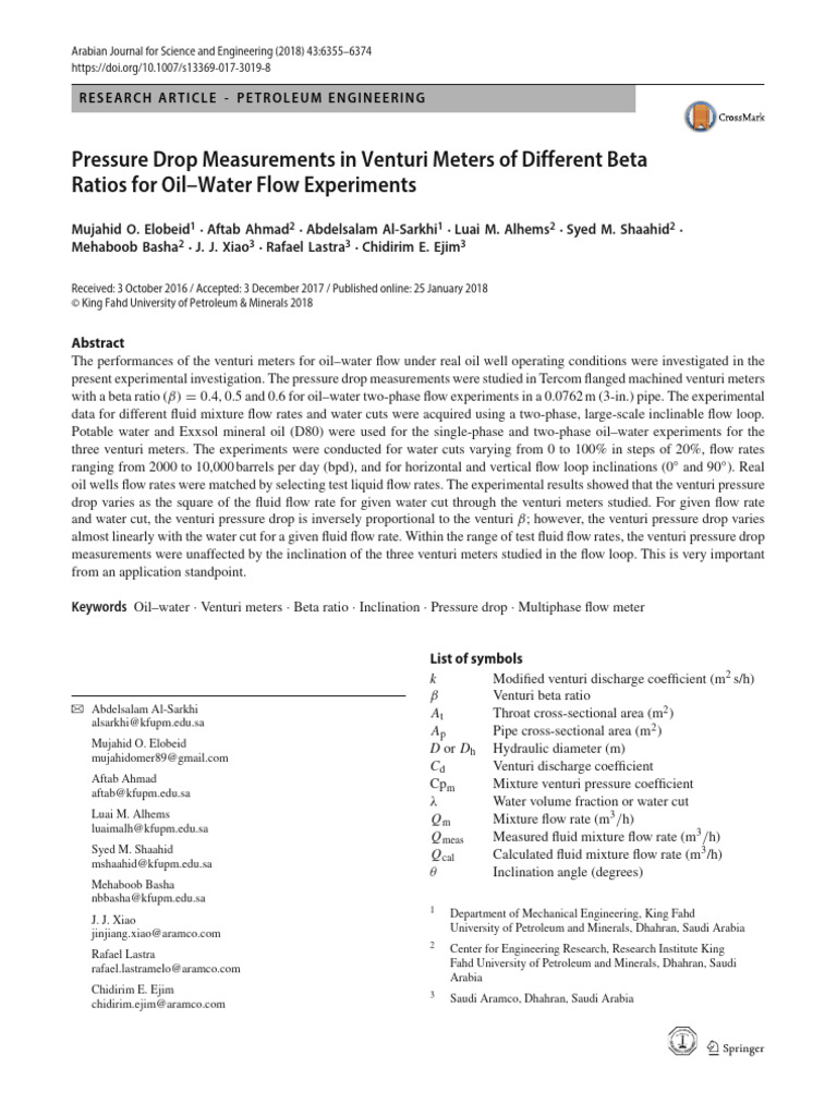 Pressure Drop Measurements in Venturi Meters of Different Beta | PDF | Flow Measurement | Viscosity