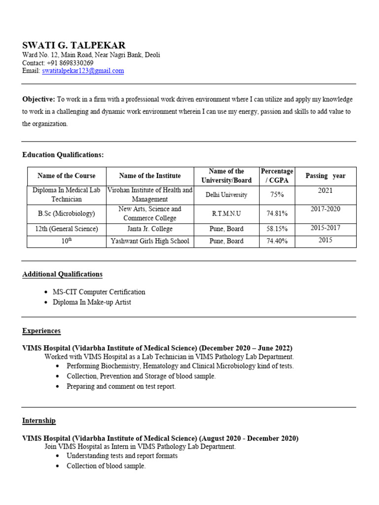 Swati Talpekar CV - Swati Talpekar | PDF