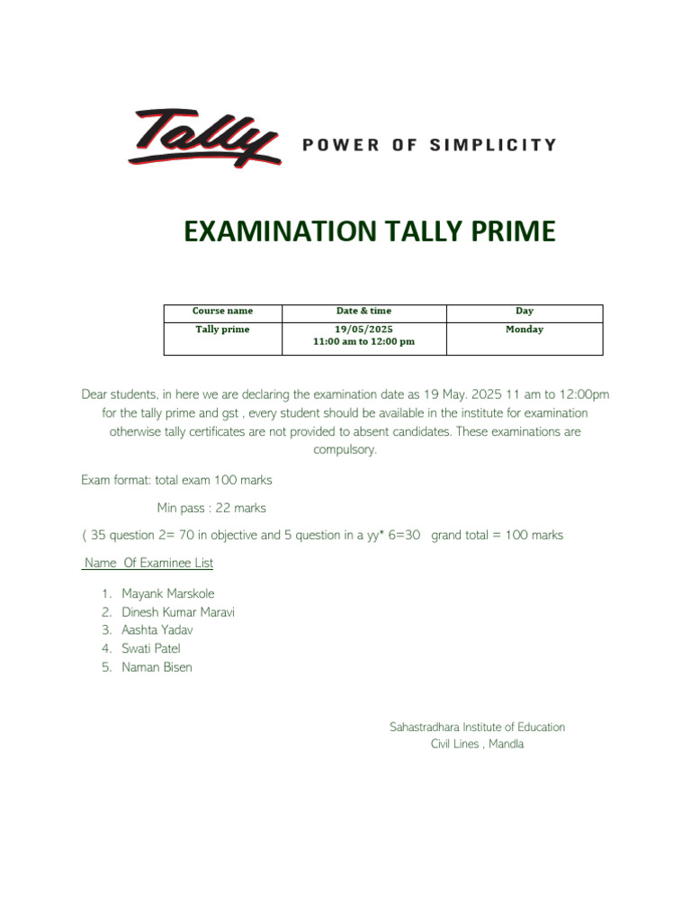 Tally Prime Exam Date: May 19, 2025 | PDF