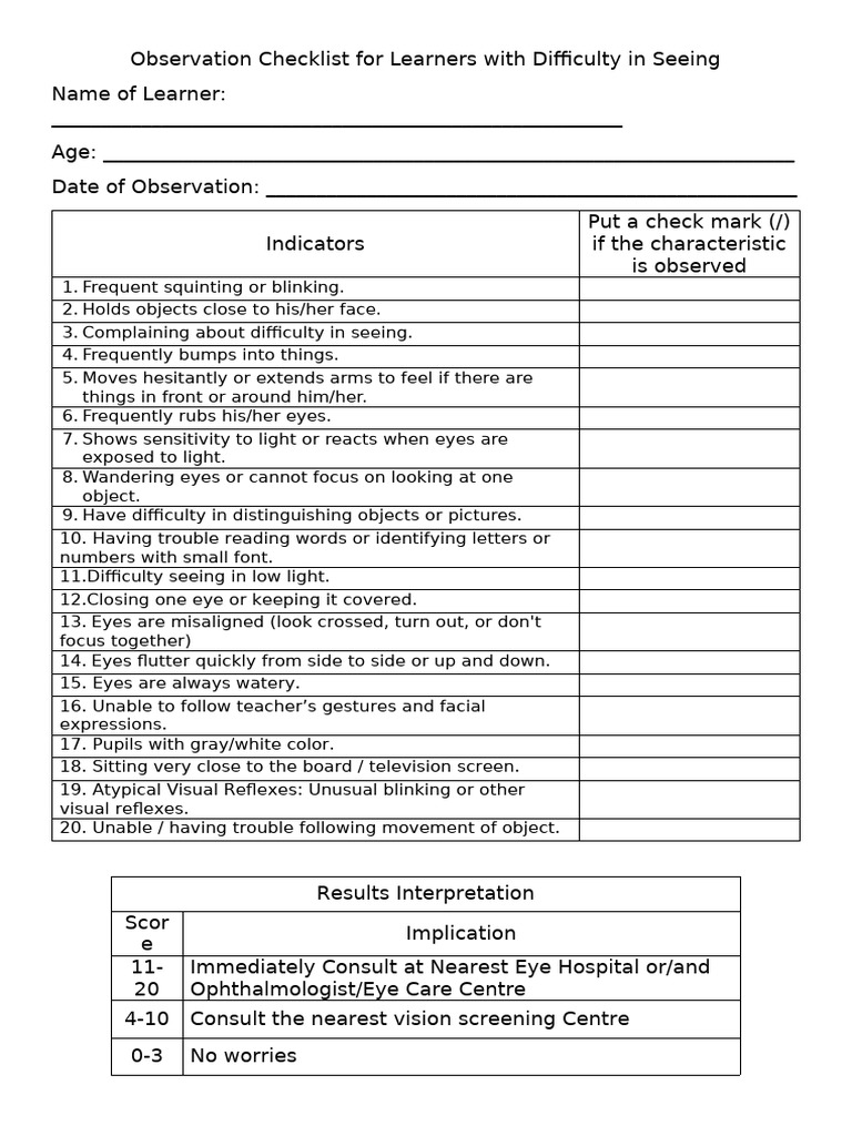 Observation Checklist For Difficulty in Seeing | PDF