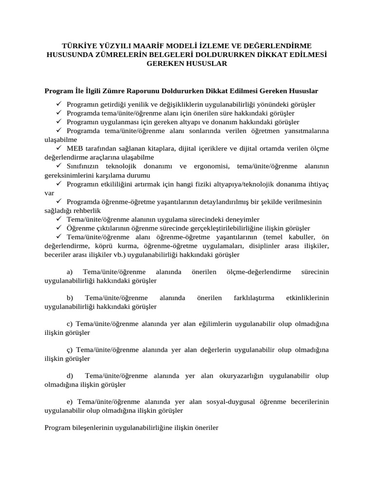 Ek-2. Turkiye Yuzyili Maarif Modeli Ders Raporu Formu Doldurulurken Dikkat Edilmesi Gereken ...