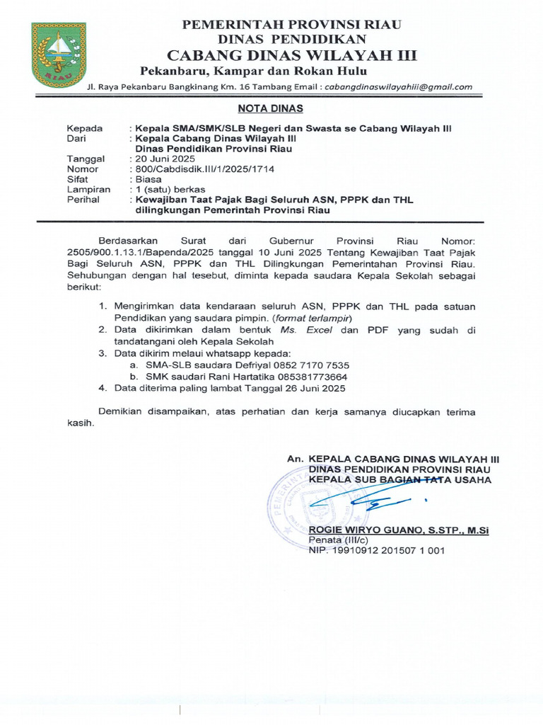 NOTA DINAS DATA KENDARAAN ASN, PPPK Dan THL | PDF