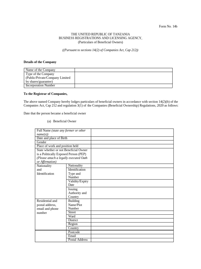 Beneficial Ownership Form 14b Tanzania | PDF | Private Law | Justice