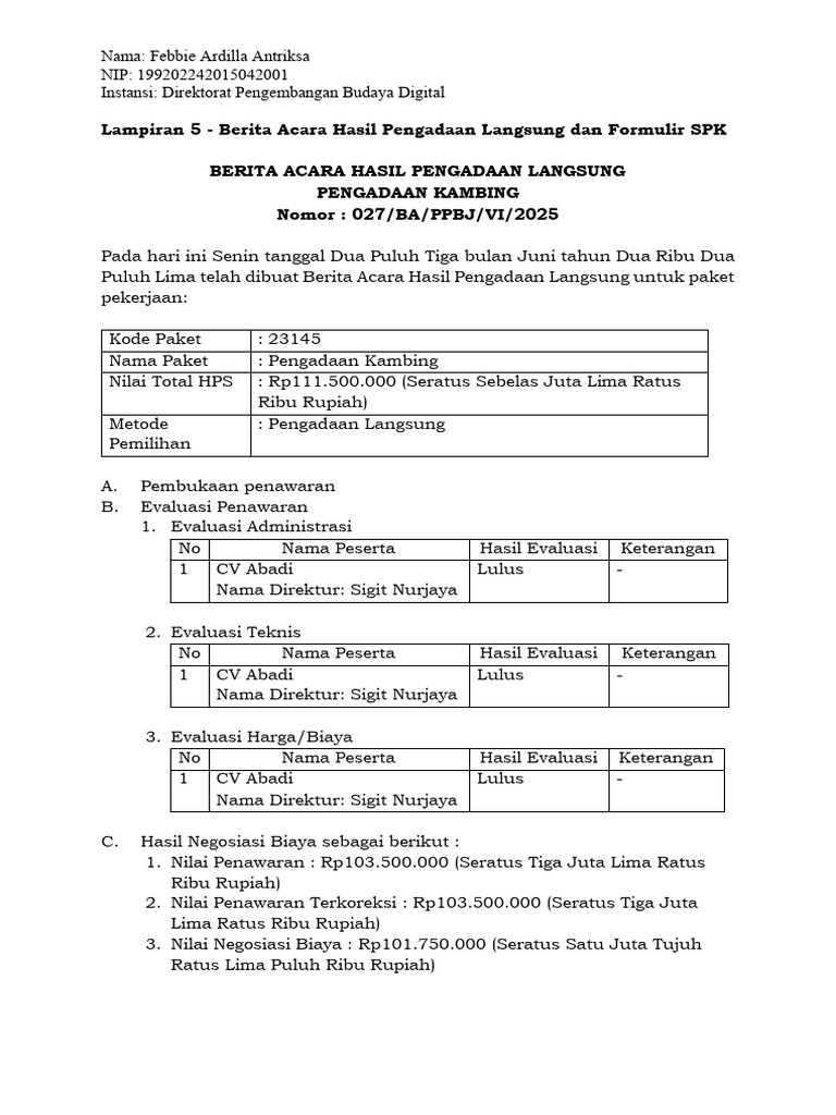 Febbie - Lampiran 5 - Berita Acara Hasil Pengadaan Langsung Dan Form ...