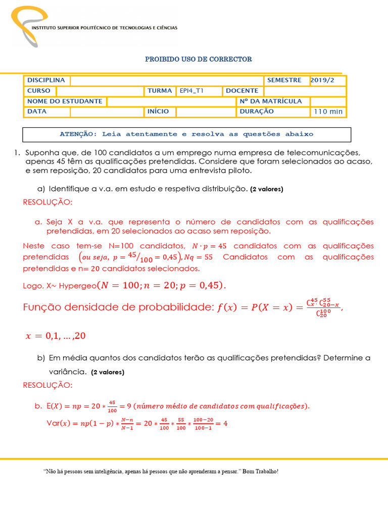 2 PROVA - Est 2º - EPI - T1 - 2ºS - 29 - 05 - 2023 | PDF | Teoria da Probabilidade | Teoria ...