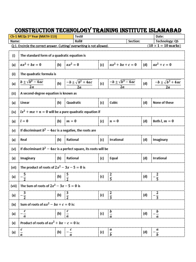MCQs for MATH-113 First Year | PDF | Quadratic Equation | Mathematical ...