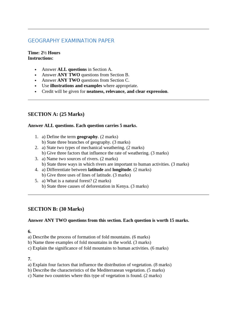 Geography Examination Paper | PDF | Valley | Glacier