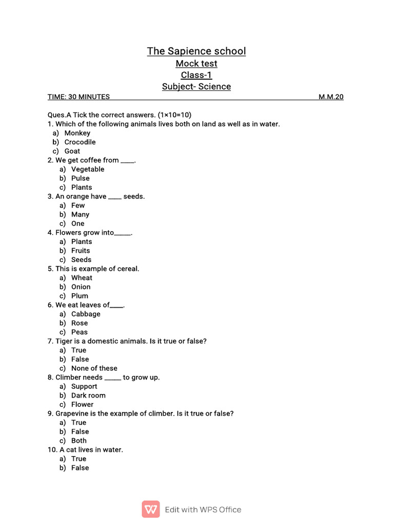 Class 1 Science Mock Test | PDF