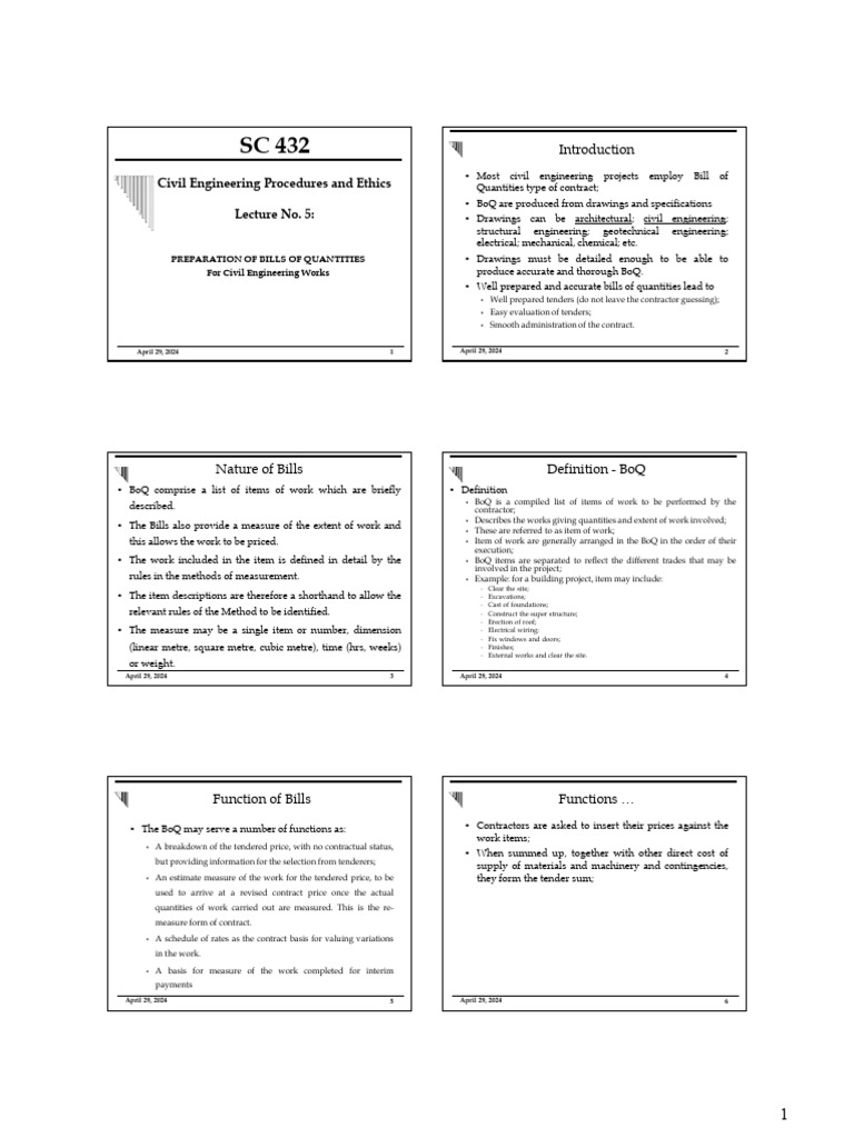 SC432 - Lecture No. 5 - Preparation of Bill of Quantities | PDF | Concrete | Computer Aided Design