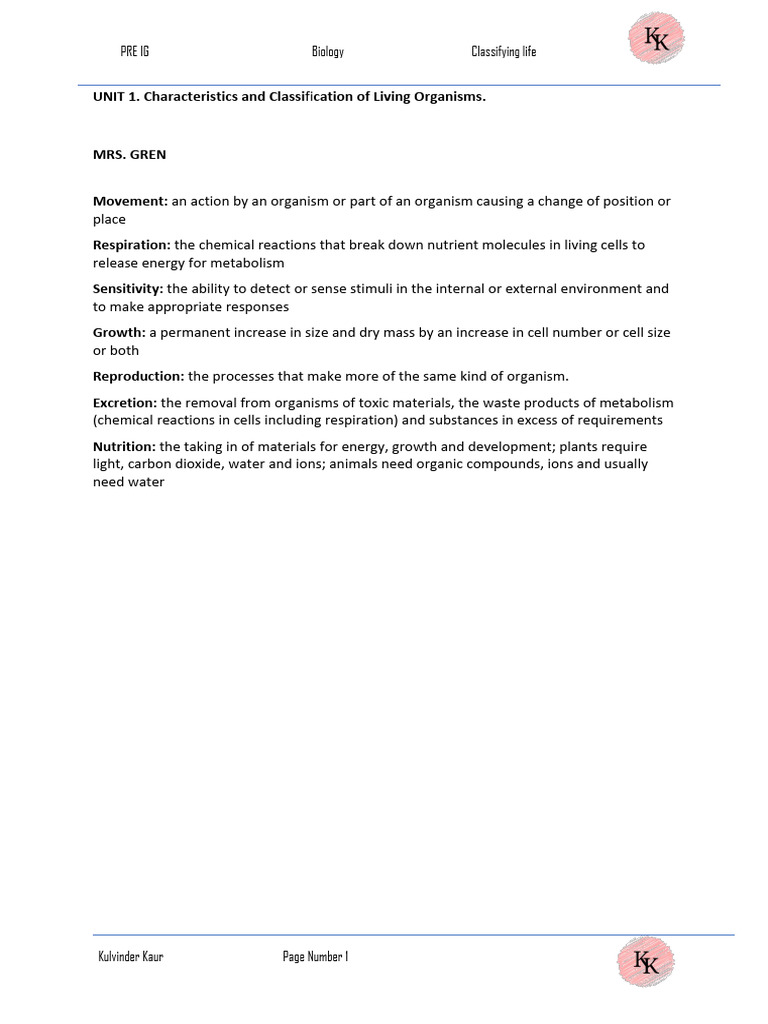 UNIT 1. Characteristics and Classification of Living Organisms | PDF ...
