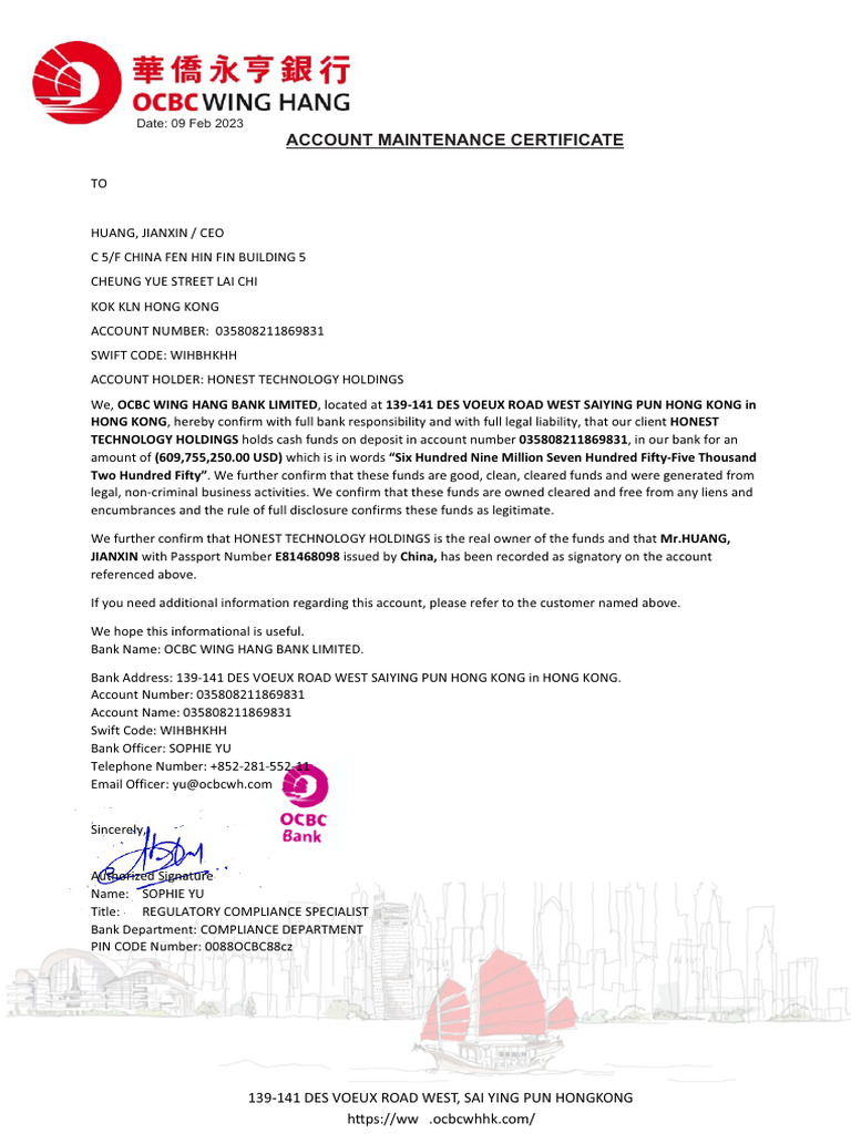 OCBC Account Maintenance Certificate | PDF