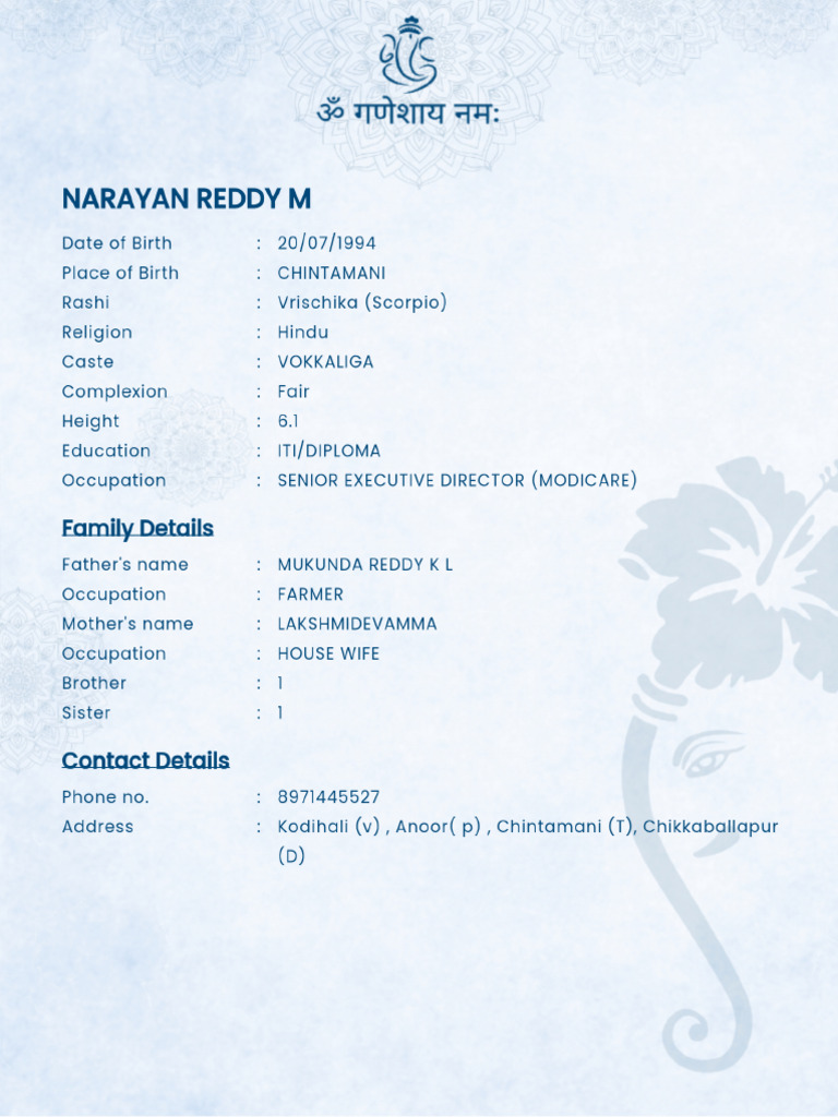 Narayan Reddy M Marriage Biodata | PDF